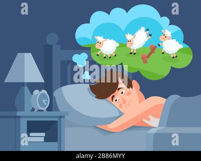 Man counts sheep to sleep. Insomnia cartoon vector illustration ...
