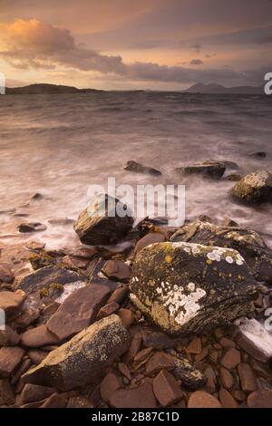 The rocky shoreline on the Applecross Peninsula in the West Highlands ...
