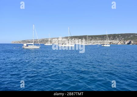 Boats at anchor off Es Calo, Formentera, Balearic islands, Spain Stock ...