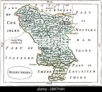 An old coloured map of Derbyshire scanned at high resolution from a ...