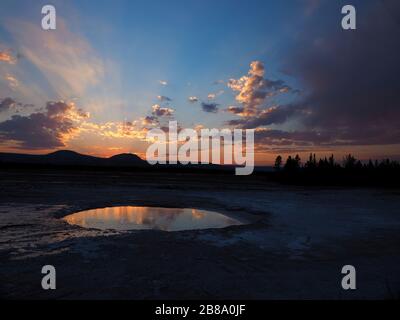 sunset at grand prismatic springs in Yellowstone National Park Stock ...