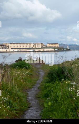Two geese relax with San Quentin State Prison in the background in ...