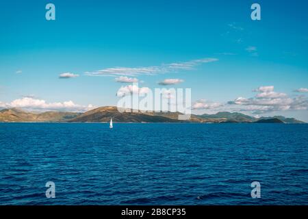 Amazing sealine with crystal clear water, trail after boat, Greece ...