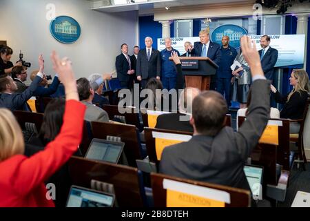 President Donald Trump takes questions during press briefing with the ...