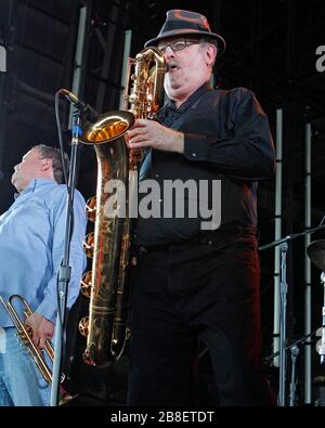 Baritone saxophone player Stephen "Doc" Kupka is shown performing on ...