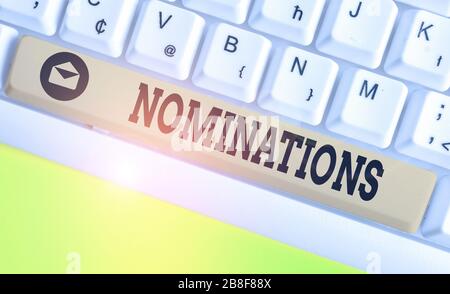 Conceptual hand writing showing Nominations. Concept meaning action of ...