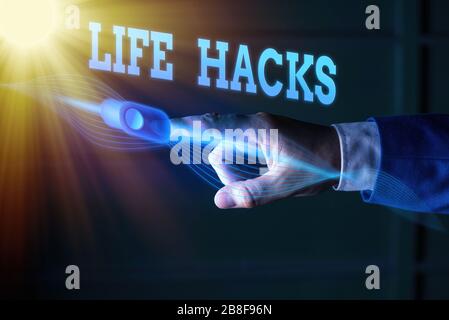 Writing note showing Life Hacks. Business concept for strategy or ...