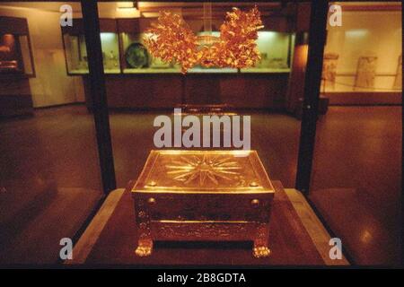 Golden larnax and wreath of Philip II of Macedon, displayed at the ...