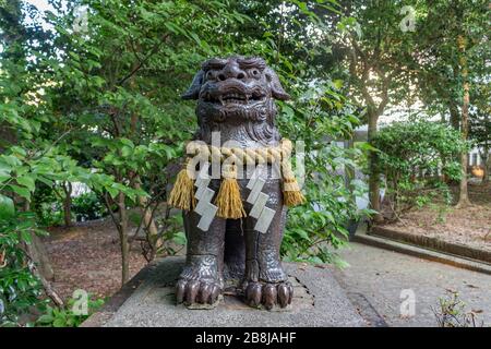Lion-dog, or komainu, at MIkami Shinto shrine near Kanazawa, Japan ...