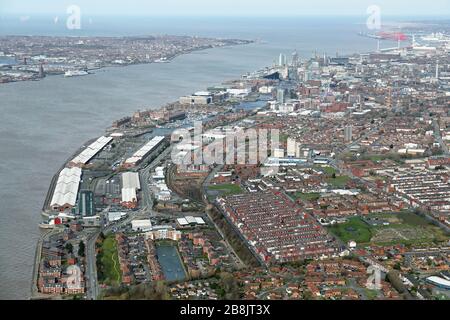 aerial view of Toxteth with the Liverpool city centre skyline with the ...
