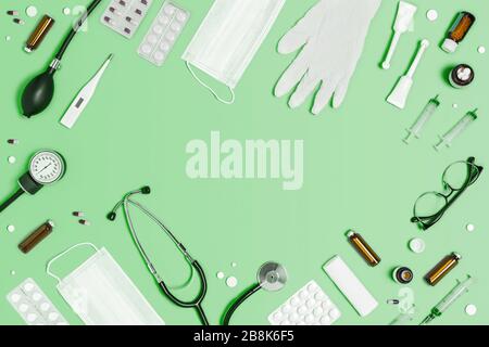 Top view of doctor workplace with tablet pc and medicine tools on ...