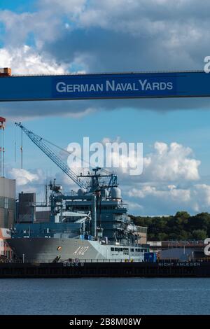 Shipyard German Naval Yards, crane, submarine in dry dock, Kiel Week ...