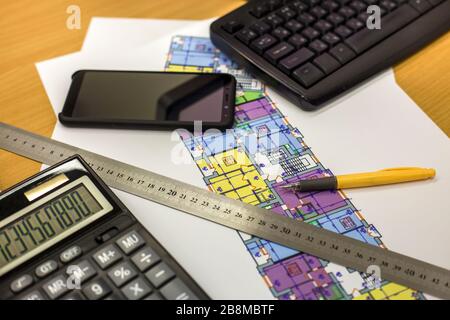 Calcurator, pen and ruler on building house architecture plan drawing ...