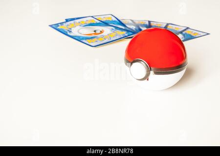 Pokemon ball pokeball on white studio background. Red and white poke ...