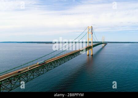Aerial view The Mackinac Bridge spanning the Straits of Mackinac at ...