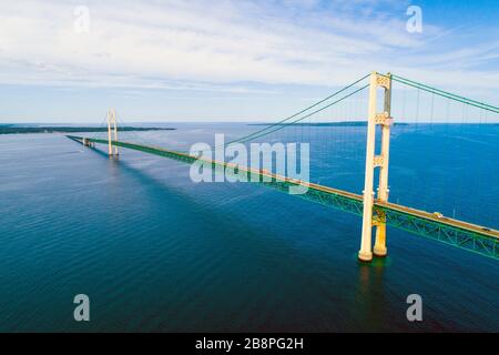 Aerial view The Mackinac Bridge spanning the Straits of Mackinac at ...