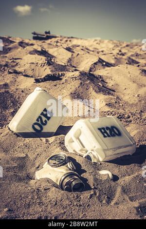 Contaminated water cans in danger and toxic desert. Empty plastic water ...
