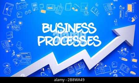 Business Processes Drawn on Azure Wall. Illustration with Hand Drawn Icons. Business Processes ...