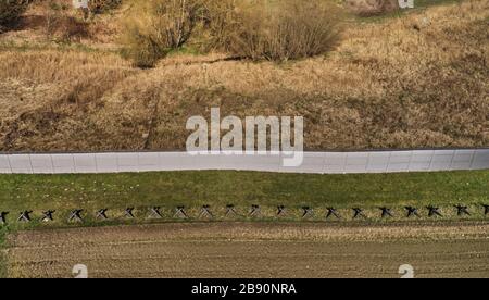 Aerial view of the preserved border fortifications on the German-German ...