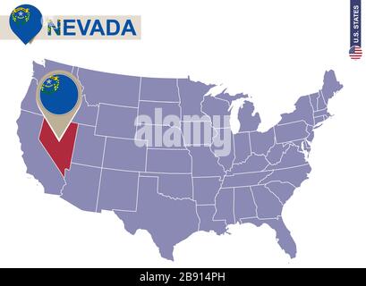 Map pointer with flag of Nevada. Vector flag sign on blue background ...