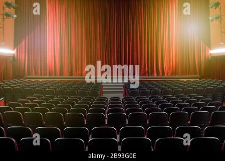 View from the stage towards the audience seating at the Minack Theatre ...