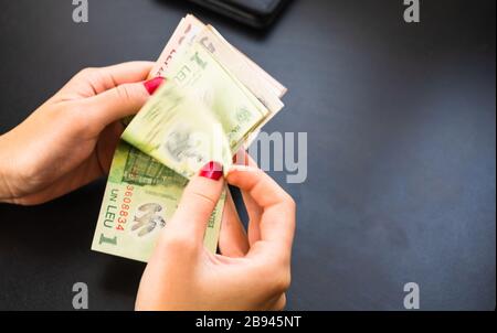 Woman counting money, counting LEI close up Stock Photo - Alamy