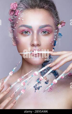 Beautiful Girl. Fashion Makeup, Long Brown Hair and Necklace Stock ...