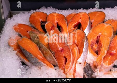 Meat and fish pieces in ice cubes falling against white background ...