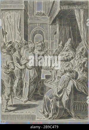 Christ is brought before the high priest Caiaphas. Caiaphas stands on a ...