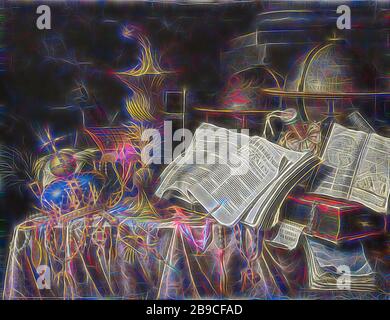 Vanitas still life with skeleton, books, violin, bust of Dante, apples ...