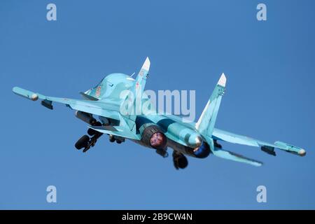 Su-34 jet fighter of the Russian Air Force lining up the runway Stock ...