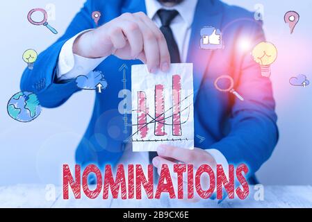 Text sign showing Nominations. Business photo showcasing action of ...