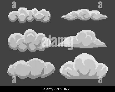 Pixel clouds. Retro 8 bit blue sky aerial cloud pixel art background vector illustration Stock ...