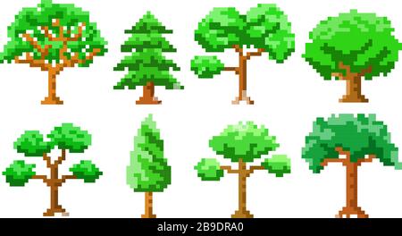 Pixel forest set. Retro 8 bit video game UI elements, trees bushes and grass sprite asset ...