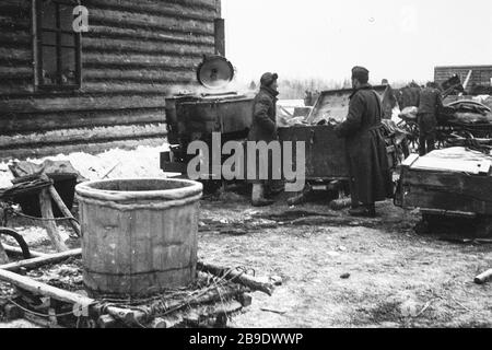 A German army field kitchen in a French village, World War I, 1915 ...