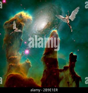 Science fiction angel / 3D illustration of futuristic angel floating in ...