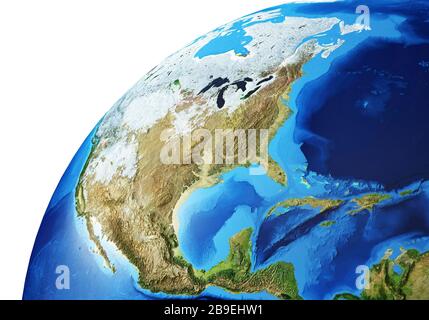 Gulf of Mexico, 3D relief map with urban areas and borders Stock Photo ...