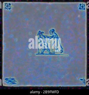 Figure tile, blue with vomiting man and woman pulling on his arm ...