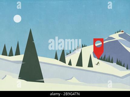 Location pin above downhill skier on snowy mountain ski slope Stock ...