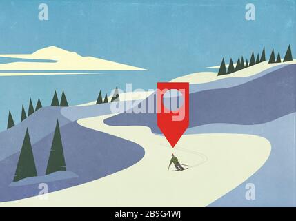 Location pin above skier on snowy mountain slope Stock Photo - Alamy
