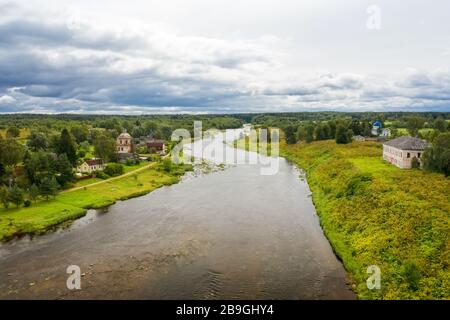 Aerial view on the Msta river on a summer rainy day. Borovichi district ...