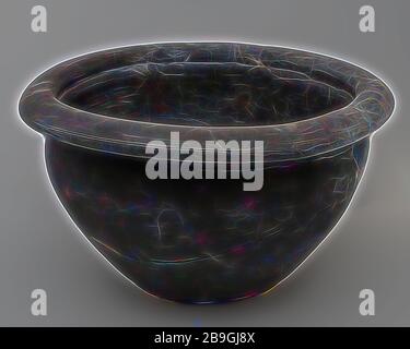 Black storage jar on standing surface, folded top edge above ...