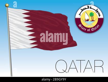 Qatar coat of arms and flag, official symbols of the nation Stock ...