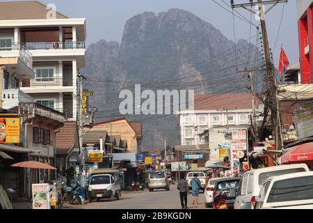 ROADS RUNNING THROUGH THE TOWN OF VANG VIENG IN NORTHERN LAOS Stock ...