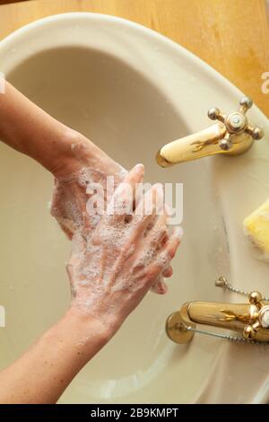 Woman washing hands with soap at sink in bathroom, closeup Stock Photo ...
