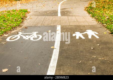 Cycle and pedestrian footpath painted symbols separated by solid Stock ...