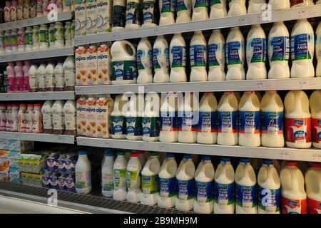 Dubai UAE December 2019 Milk bottles arranged on shelves for sale ...