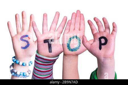 Children Hands Building Word Stop, Snowy Winter Background Stock Photo ...