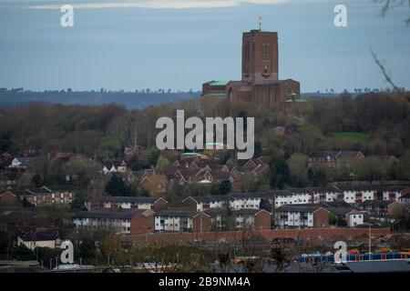 Guildford Cathedral, Guildford, Surrey. West view with roundabout in ...