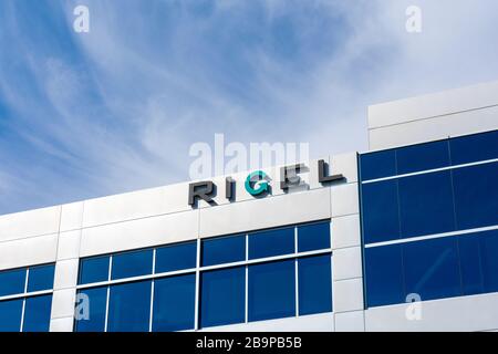 Rigel sign logo on headquarters building facade. Rigel Pharmaceuticals ...